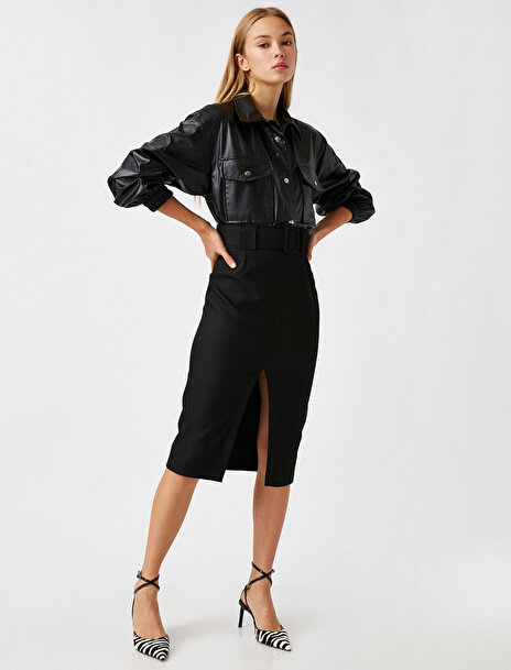 Koton Kadın Kemerli Yırtmaçlı Etek