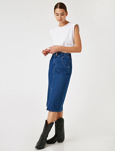 Koton Kadın Pamuklu Yırtmaçlı Midi Kot Etek Koton Kadın Pamuklu Yırtmaçlı Midi Kot Etek