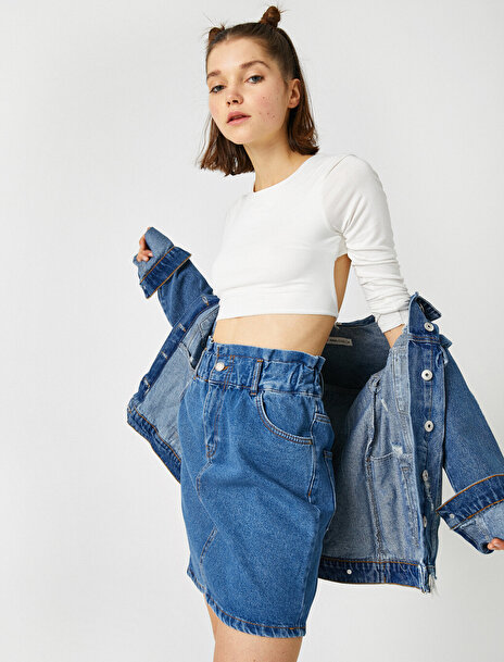 Koton Kadın Beli Lastikli Cepli Mini Kot Etek