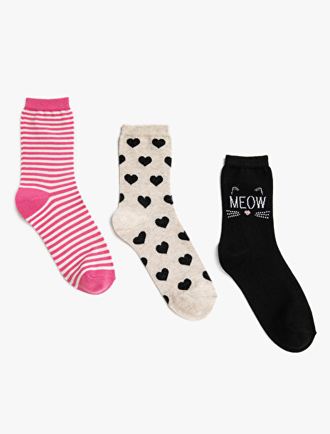 Koton Kadın Kadın Kalpli Çizgili Pamuklu 3'lü Çorap Seti Koton Kadın Kadın Kalpli Çizgili Pamuklu 3'lü Çorap Seti