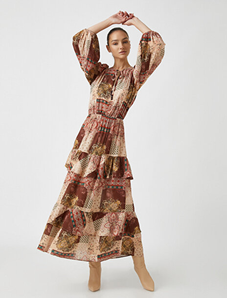 Koton Kadın %100 Viskon  Etnik Desenli Uzun Kollu Elbise