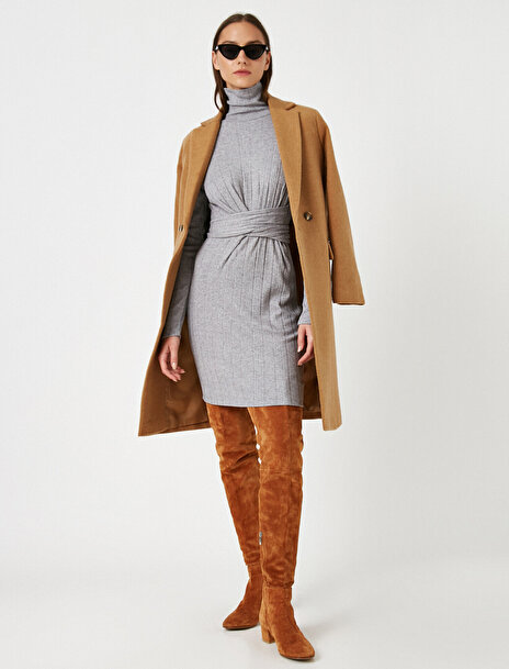 Koton Kadın Balıkçı Yaka Uzun Kollu Beli Bağlamalı Kısa Elbise