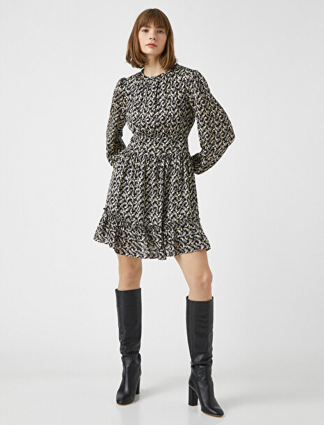 Koton Kadın Bisiklet Yaka Uzun Kollu Şal Desenli Kısa Elbise