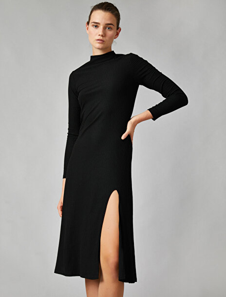 Koton Kadın Balıkçı Yaka Uzun Kollu Yırtmaçlı Elbise