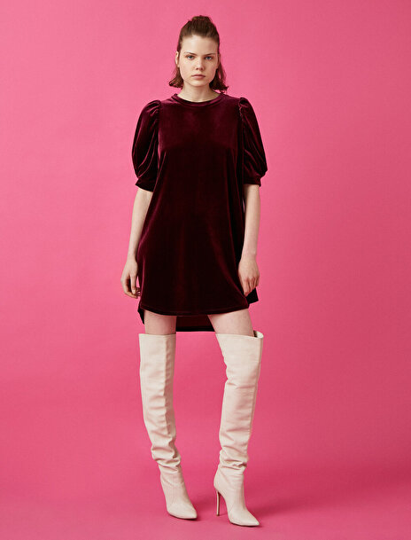 Koton Kadın 3/4 Kol Bisiklet Yaka Kadife Elbise