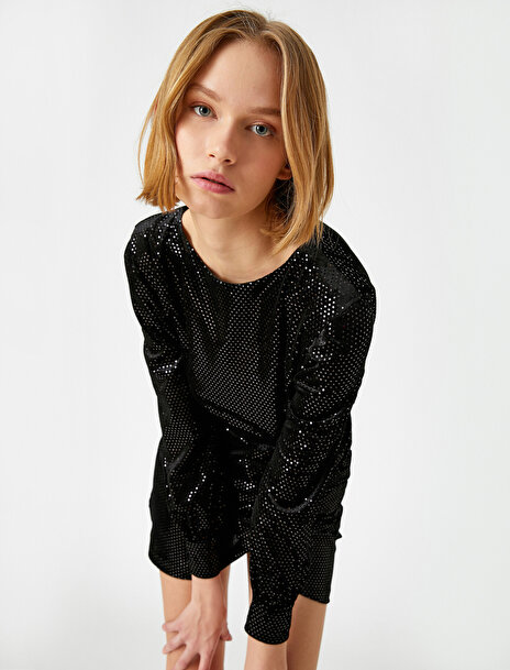 Koton Kadın Vatkalı Elbise Abiye Kadife Uzun Kollu Kısa