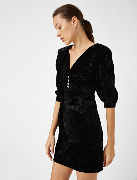 Koton Kadın Vatkalı Elbise Abiye Kadife V Yaka Düğmeli Kısa