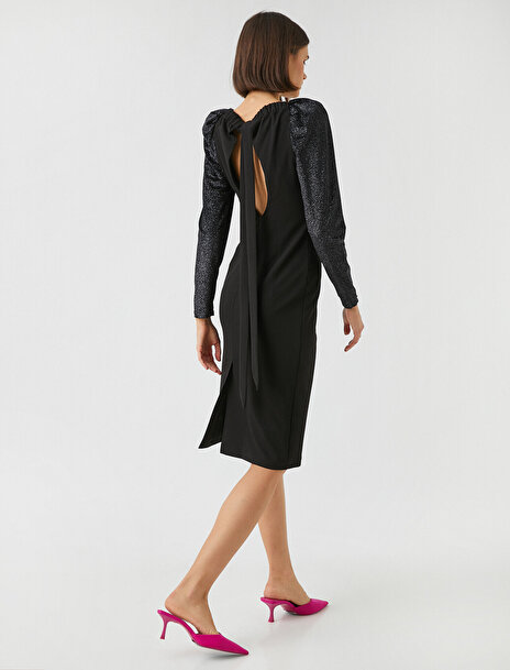 Koton Kadın Sırt Detaylı Abiye Elbise Balon Kol Kayık Yaka Simli