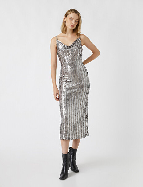 Koton Kadın Payetli  Elbise Abiye Midi Kolsuz