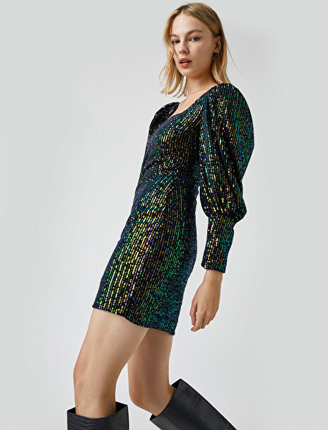 Koton Kadın Vatkalı Elbise Abiye Pullu Uzun Kollu Kısa