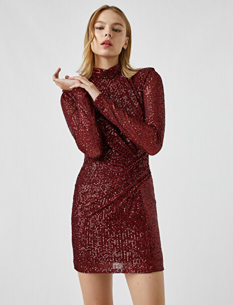 Koton Kadın Pullu  Elbise Abiye Dik Yaka Uzun Kollu Kısa