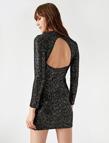 Koton Kadın Pullu  Elbise Abiye Uzun Kollu Bisiklet Yaka Mini