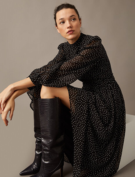 Koton Kadın Dik Yaka Uzun Kollu Puantiyeli Tül Elbise