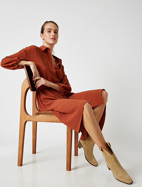 Koton Kadın Gömlek Yaka Kemerli Düğmeli Elbise