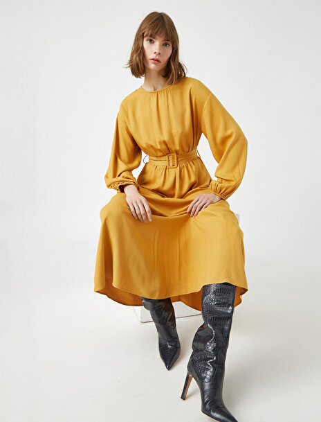 Koton Kadın Bisiklet Yaka Uzun Kollu Kemerli Maxi Elbise