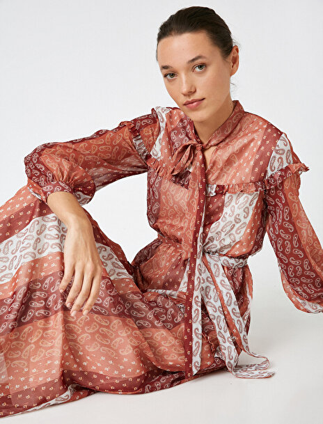 Koton Kadın Şifon Şal Desenli Kemerli Elbise