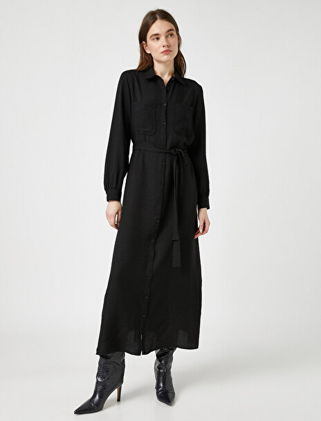 Koton Kadın Gömlek Yaka Uzun Kollu Düğmeli Uzun Elbise