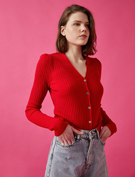 Koton Kadın V Yaka Düğmeli Triko Hırka