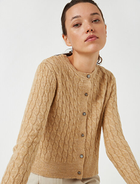 Koton Kadın Bisiklet Yaka Saç Örgülü Düğmeli Triko Hırka