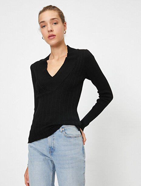 Koton Kadın V Yaka Uzun Kollu Dar Kesim Triko Kazak