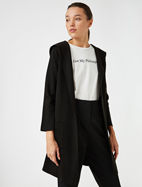 Koton Kadın Kapüşonlu Cep Detaylı Uzun Triko Hırka