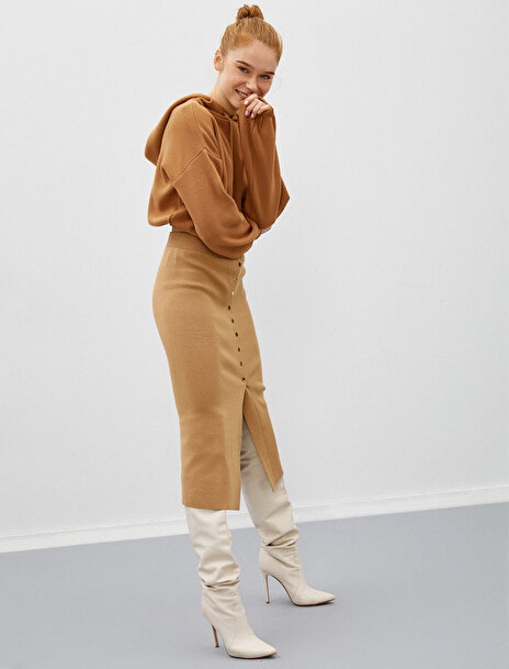 Koton Kadın Düğme Detaylı Etek Yırtmaçlı Beli Lastikli