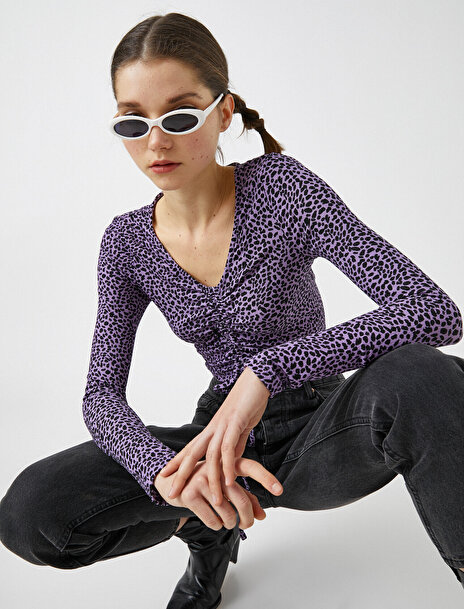 Koton Kadın Uzun Kollu Büzgülü Çiçekli Tişört