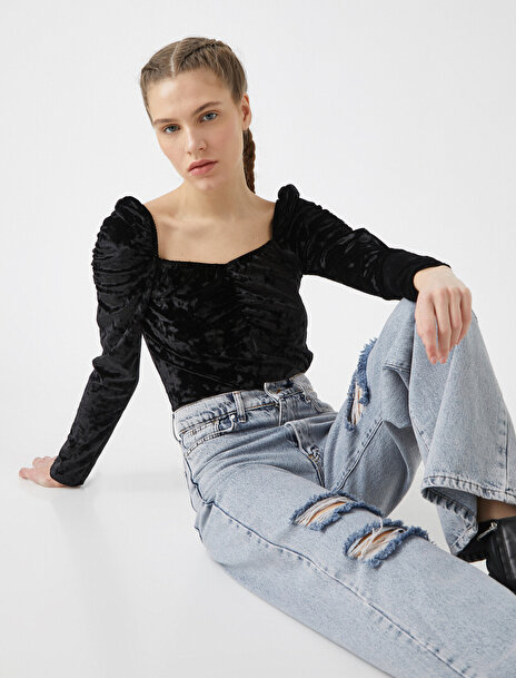 Koton Ole Genç Kız Uzun Kollu Büzgülü Kadife Tişört