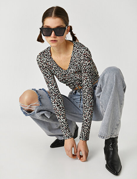 Koton Ole Genç Kız Uzun Kollu Çiçekli Büzgülü Tişört