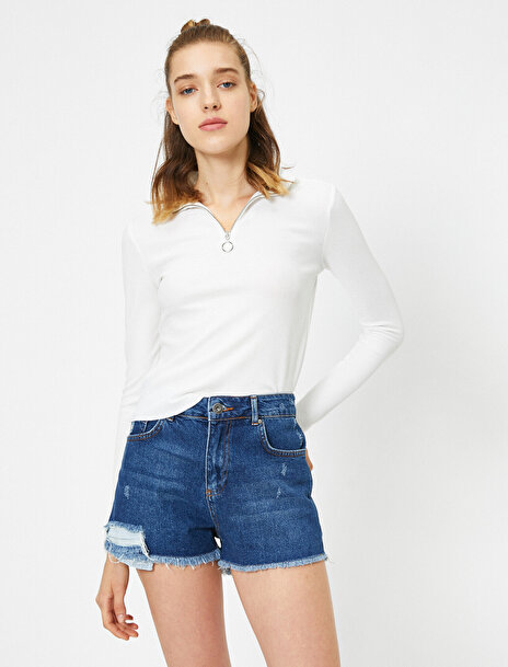 Koton Kadın Uzun Kollu Yakası Fermuar Detaylı Basiç Tişört