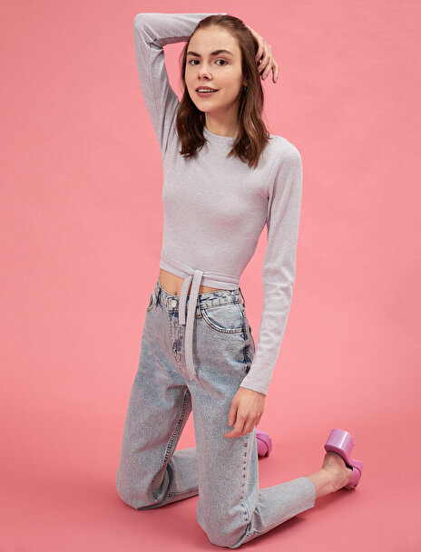 Koton Ole Genç Kız Bisiklet Yaka Uzun Kollu Bağlama Detaylı Tişört