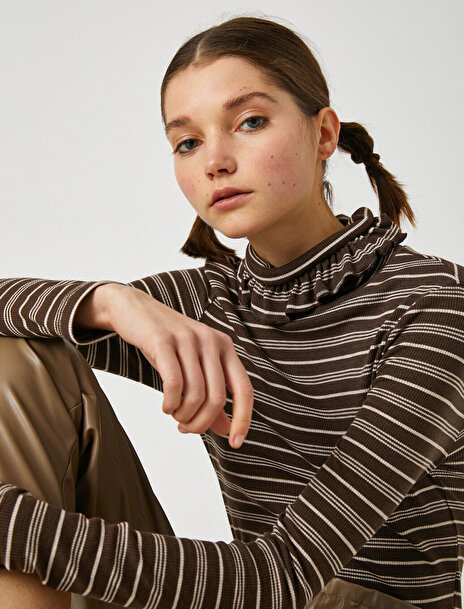 Koton Ole Genç Kız Fırfırlı Uzun Kollu Çizgili Tişört