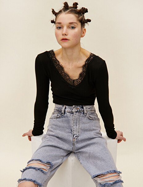 Koton Kadın Dantelli Uzun Kollu Tişört