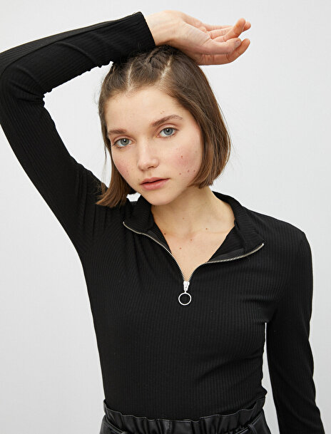 Koton Ole Genç Kız Uzun Kollu Fermuar Yakalı Tişört