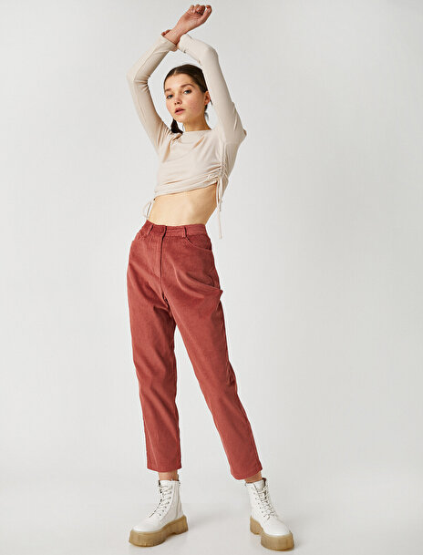Koton Kadın Pamuklu Fitilli Kadife Yüksek Bel Mom Fit Pantolon