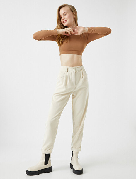 Koton Ole Genç Kız Yüksek Bel Fitilli Kadife Mom Fit Pantolon