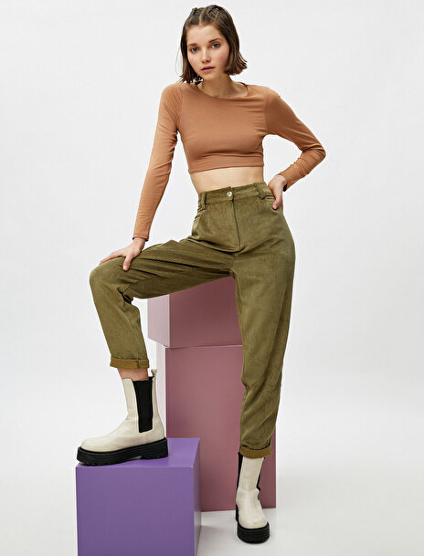 Koton Kadın Yüksek Bel Fitilli Kadife Mom Fit Pantolon