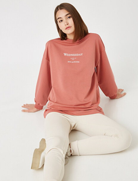 Koton Ole Genç Kız Pamuklu Bisiklet Yaka Yazılı Baskılı Uzun Sweatshirt