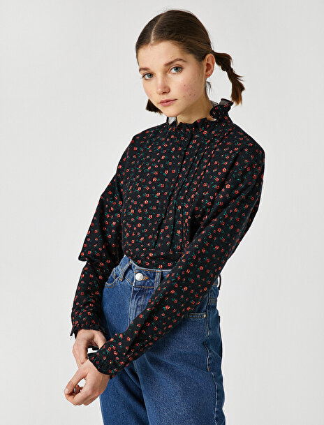Koton Ole Genç Kız %100 Pamuk Uzun Kollu Fırfır Yakalı Çiçekli Bluz