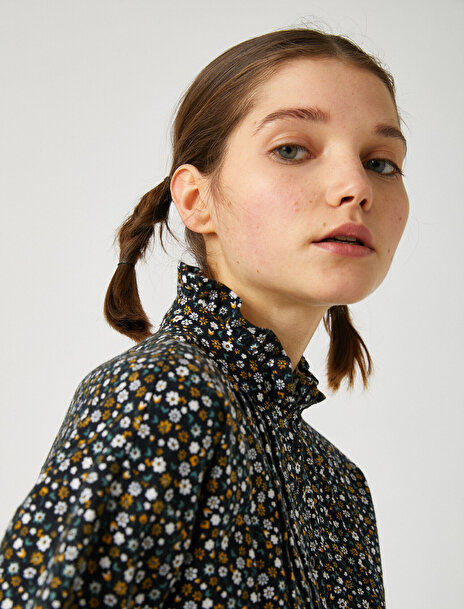 Koton Ole Genç Kız Pamuklu Uzun Kollu Çiçekli Fırfır Yakalı Bluz