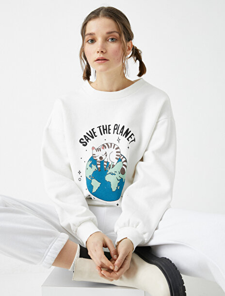 Koton Ole Genç Kız Pamuklu Bisiklet Yaka Baskılı Sweatshirt