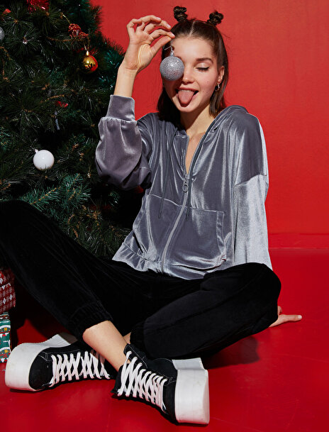 Koton Ole Genç Kız Kadife Fermuarlı Kapüşonlu Sweatshirt