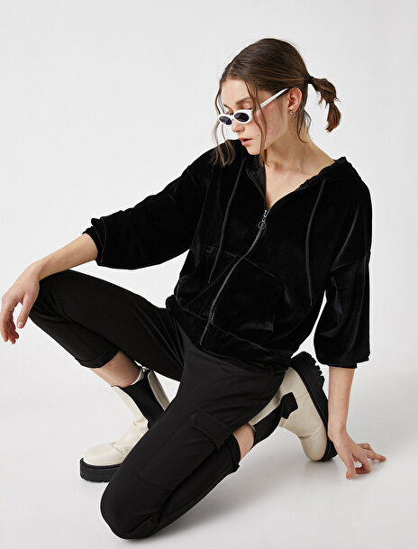 Koton Kadın Kadife Fermuarlı Kapüşonlu Sweatshirt