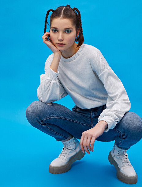 Koton Kadın Bisiklet Yaka Crop Sweatshirt