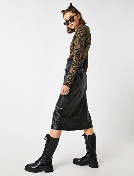 Koton Ole Genç Kız Deri Görünümlü Midi Etek