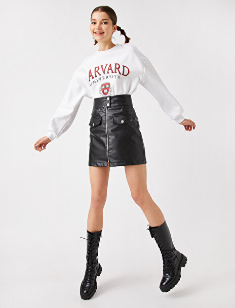 Koton Ole Genç Kız Deri Görünümlü Cepli Mini Etek