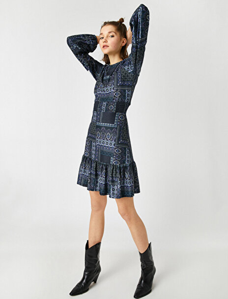 Koton Ole Genç Kız Uzun Kollu Bisiklet Yaka Şal Desenli Kısa Elbise