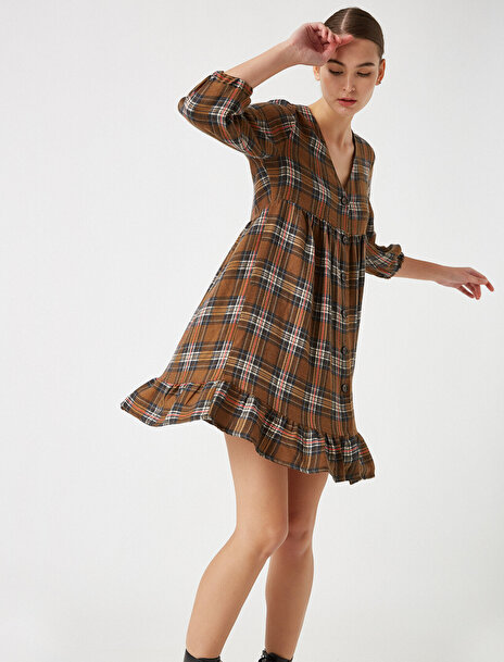 Koton Kadın Ekose Düğmeli V Yaka Kısa Elbise