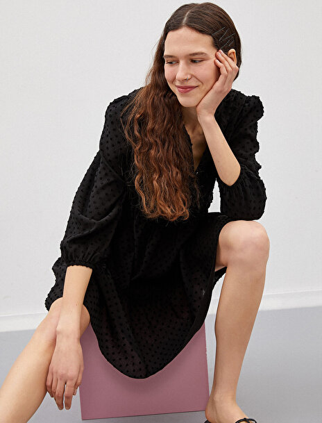 Koton Kadın Puantiyeli Elbise Uzun Kollu Tül