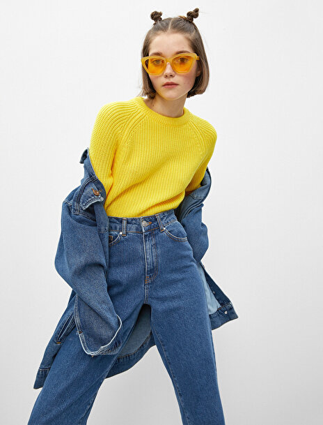 Koton Ole Genç Kız Uzun Kollu Bisiklet Yaka Asimetrik Detaylı Triko Kazak